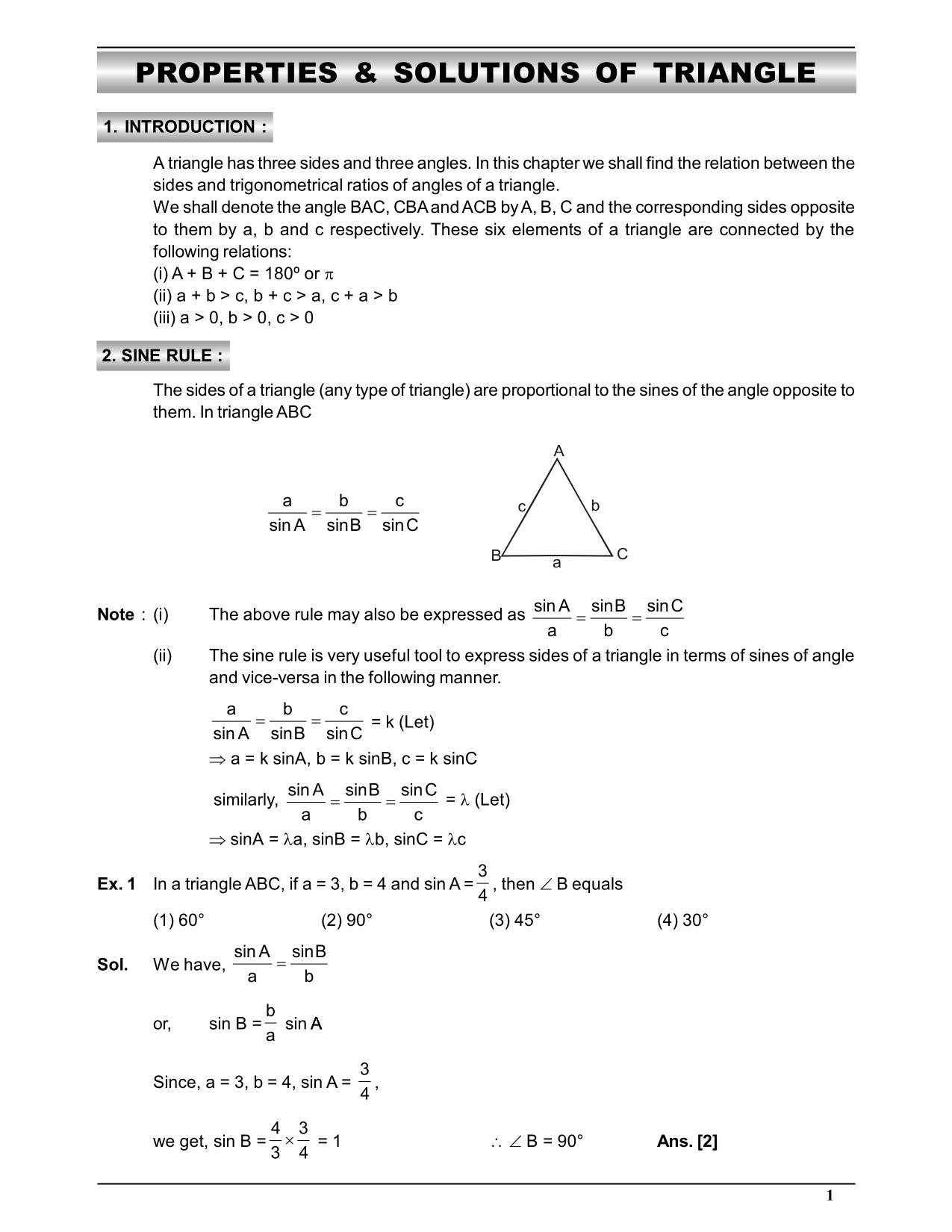 Properties And Solution Of Triangle Notes For Class 12 IIT JEE Properties And Solution Of Triangle Notes For Class 12 IIT JEE