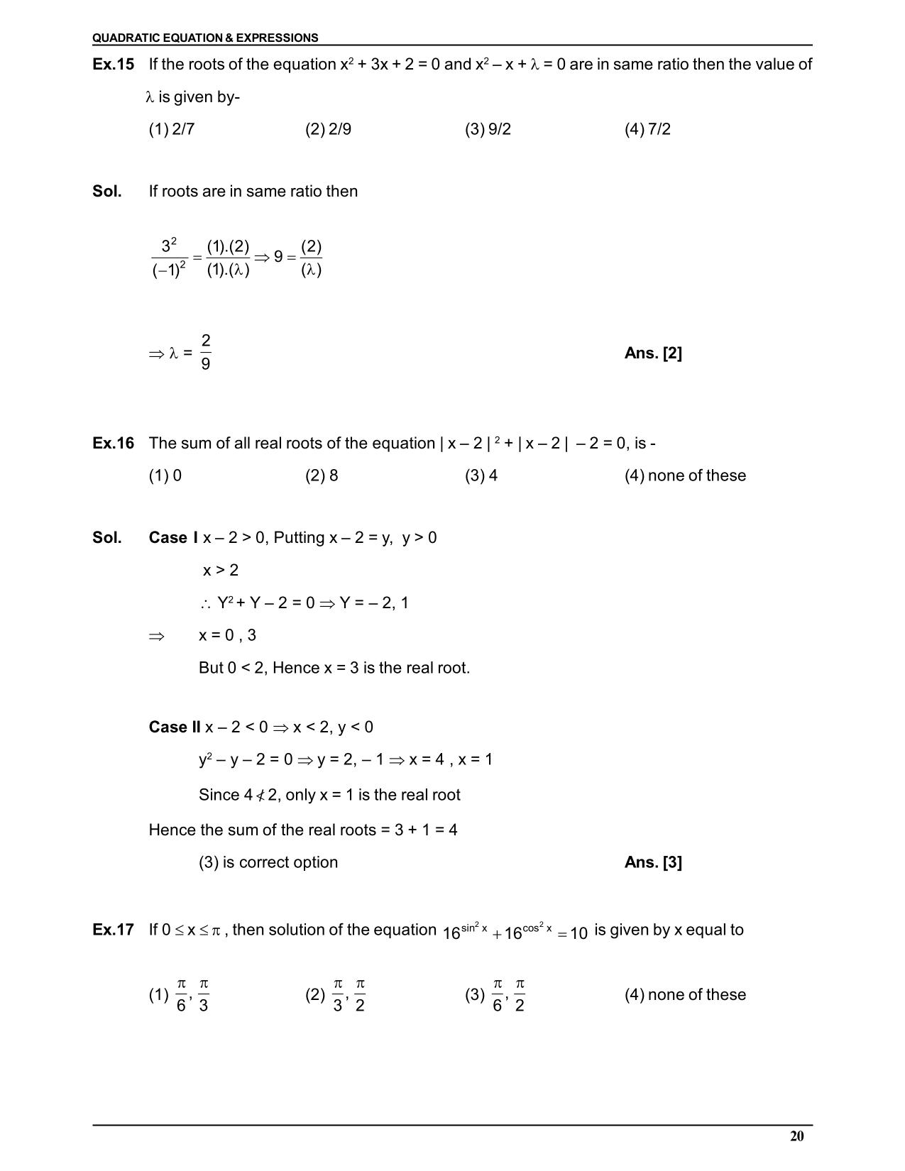 Quadratic Expression Important Questions - IIT JEE - eSaral