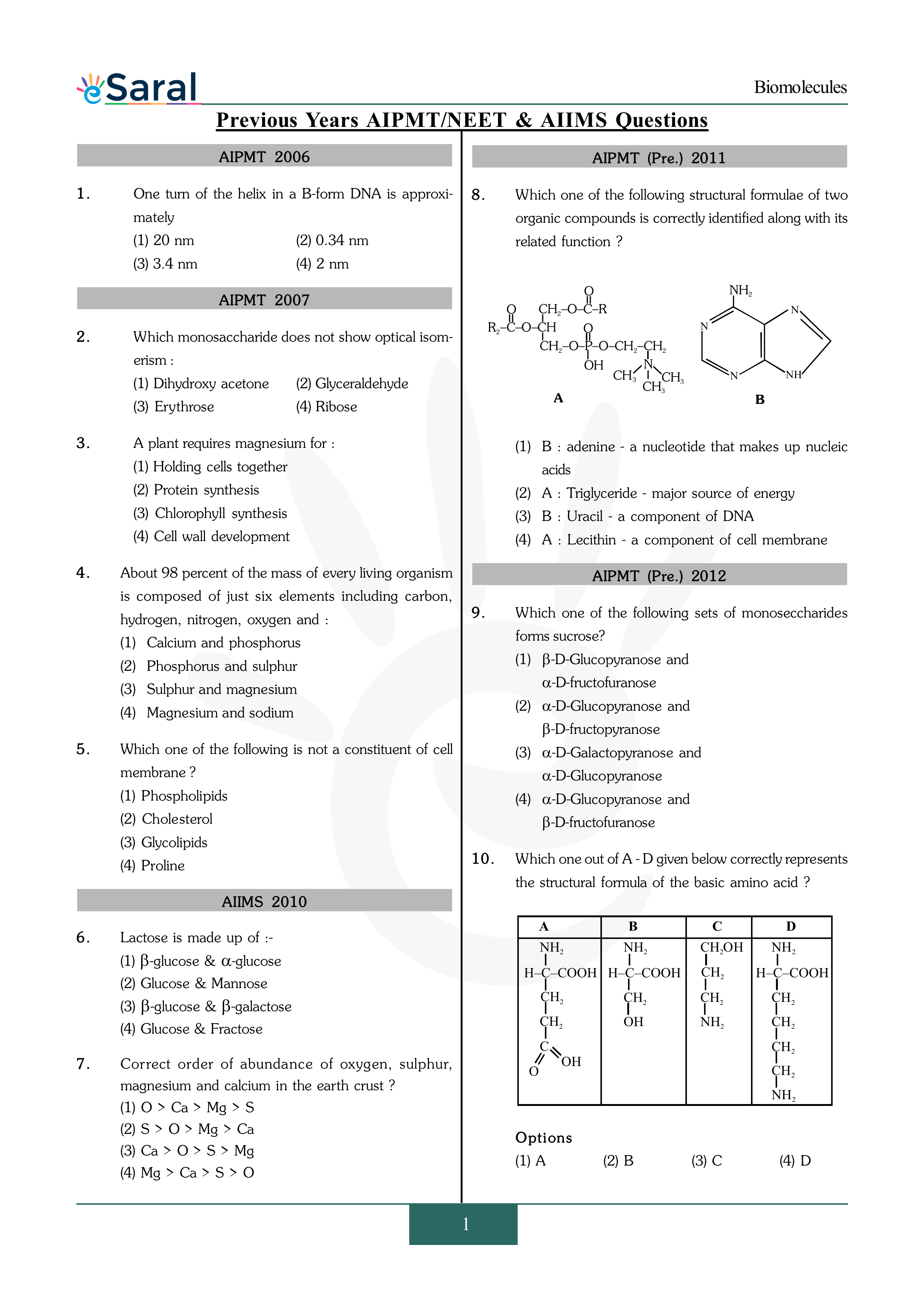 Biomolecules NEET Previous Year Questions With Complete Solutions Biomolecules NEET Previous Year Questions With Complete Solutions