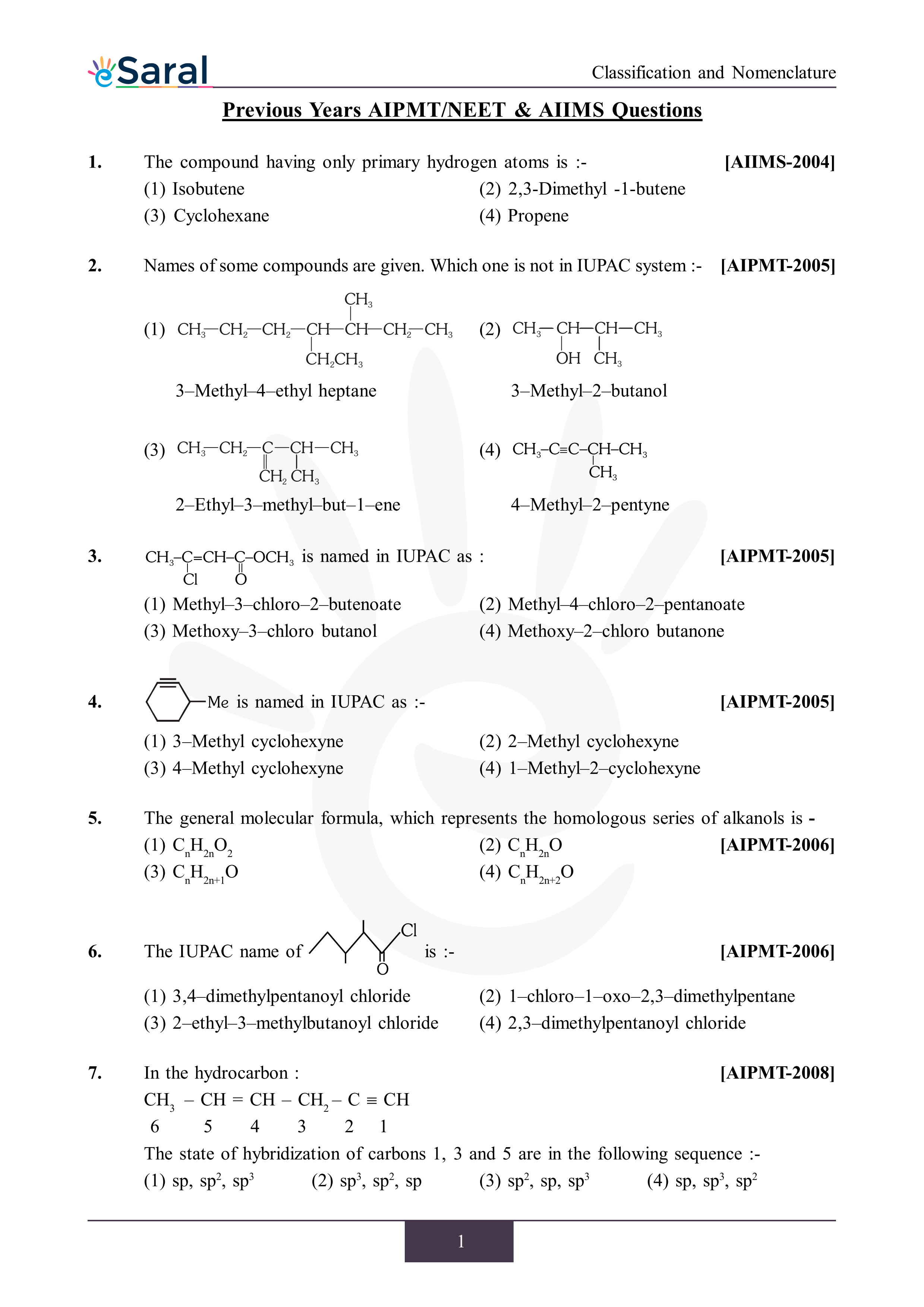 Classification And Nomenclature NEET Previous Year Questions With Classification And Nomenclature NEET Previous Year Questions With