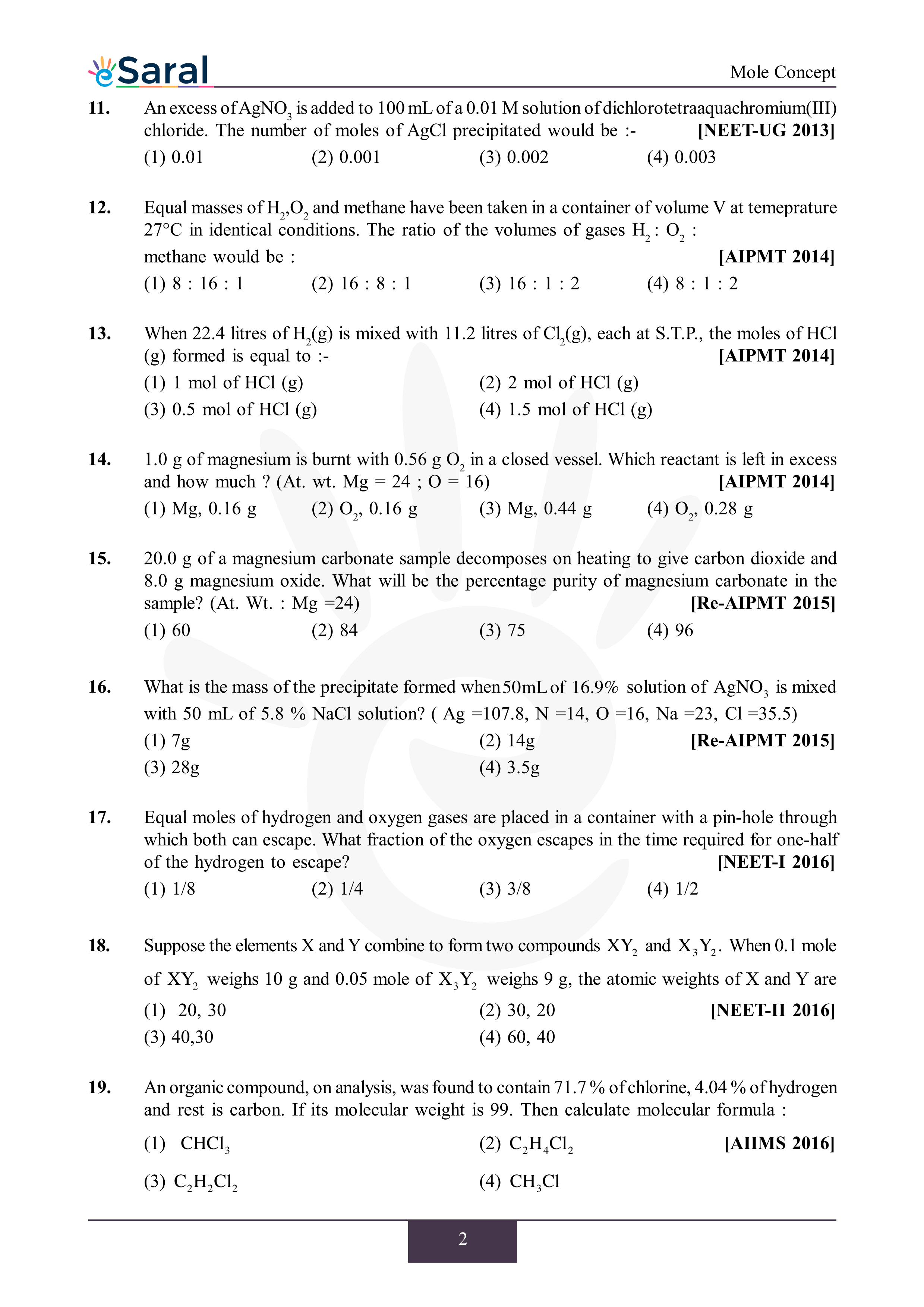 Mole Concept NEET Previous Year Questions With Solutions Mole Concept NEET Previous Year Questions With Solutions