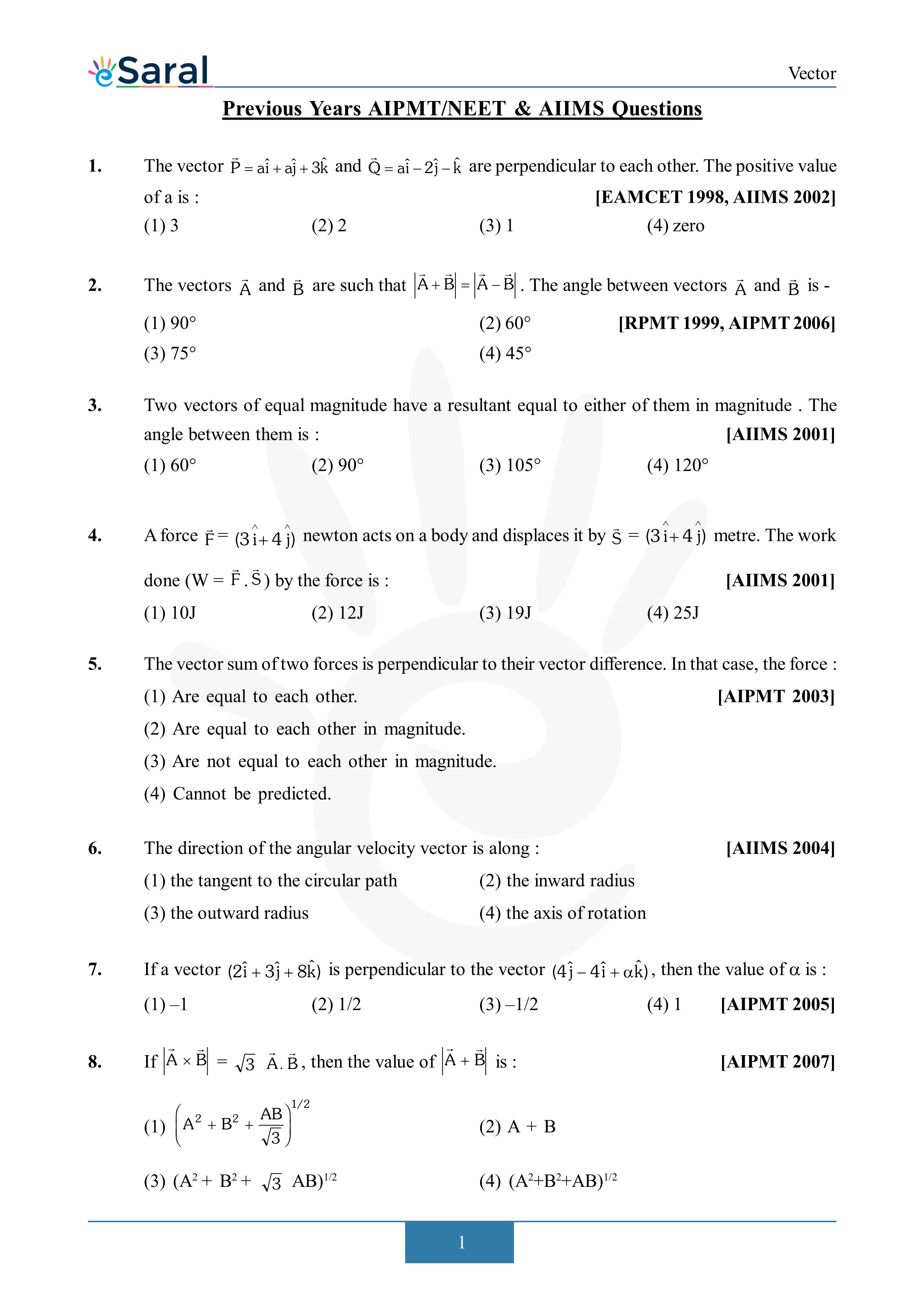 NEET Vector Previous Year Questions With Solutions NEET Vector Previous Year Questions With Solutions