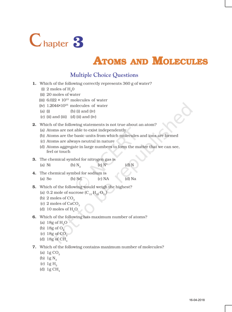 NCERT Exemplar Class 9 Science Chapter 3 Atoms And Molecules