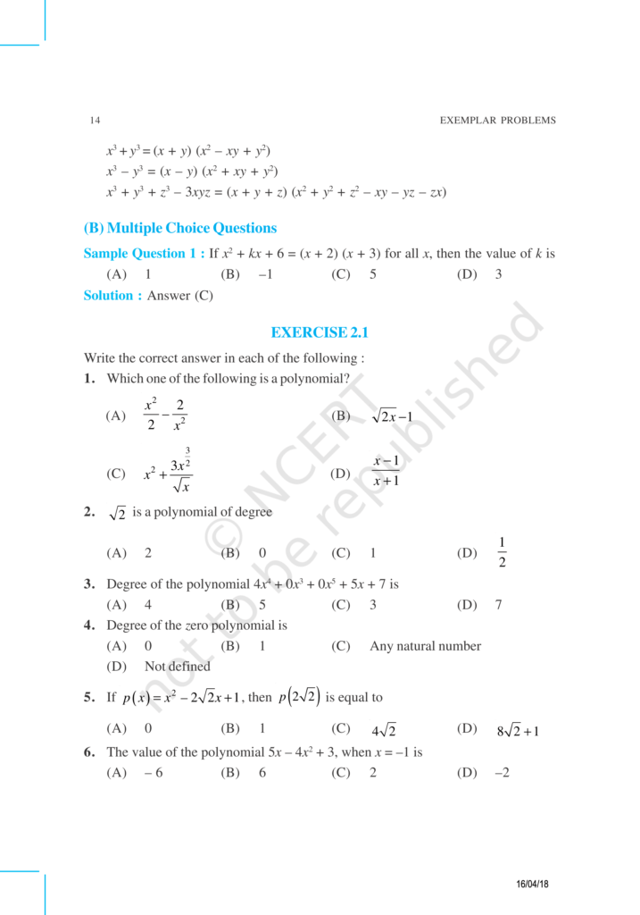 NCERT Exemplar Class 9 Maths Chapter 2 Polynomials NCERT Exemplar Class 9 Maths Chapter 2 Polynomials