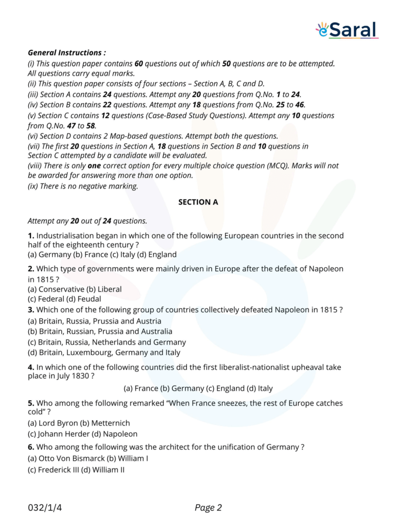 CBSE Class 10 Social Science Question Paper Term 1 Exam 2021 22 ESaral CBSE Class 10 Social Science Question Paper Term 1 Exam 2021 22 ESaral